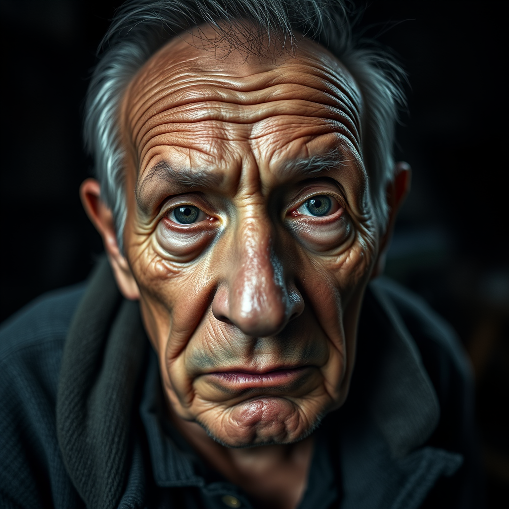 Create a high-resolution portrait of an elderly man with a somber ...