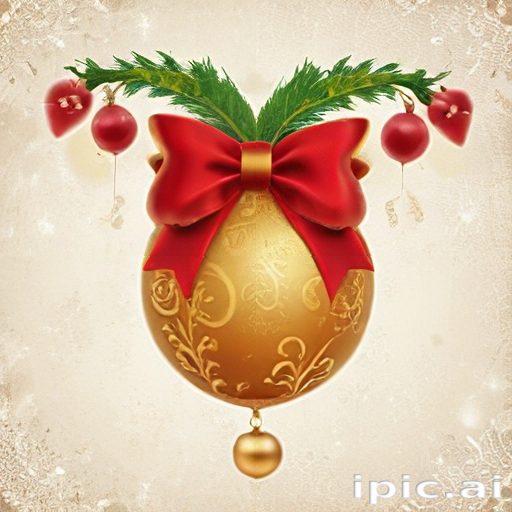 Elegant Golden Christmas Ornament with Festive Red Bow and Green Sprigs