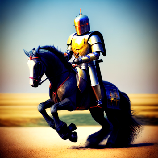 A robot knight riding a white horse and holding a sword and medieval ...