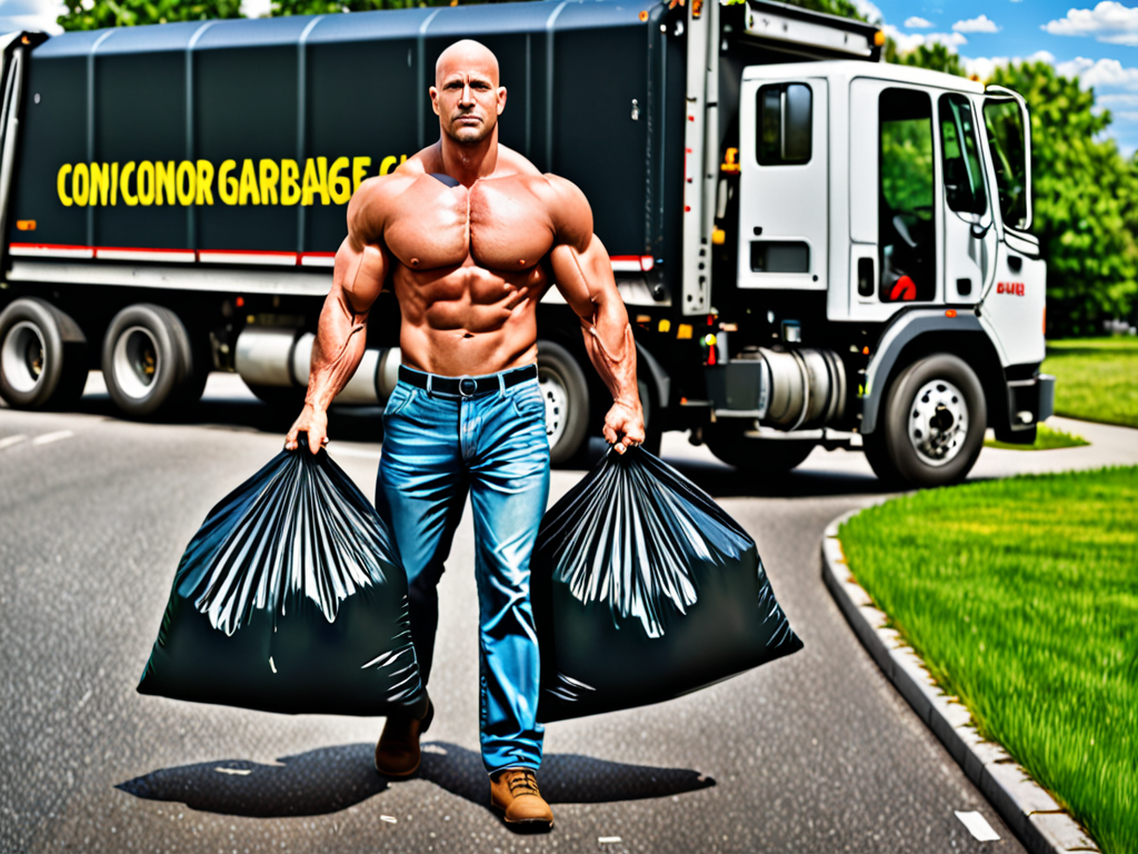 realistic handsome bald muscular garbagemen carrying black garbage bags ...
