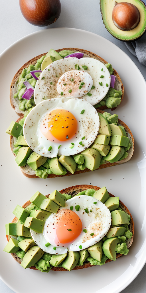 Delicious Avocado Toast with Poached Eggs and Fresh Vegetables on Plate.