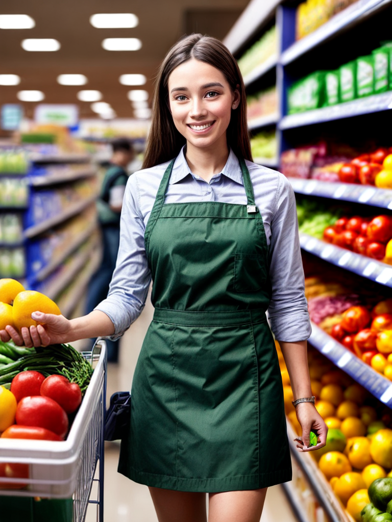 cashier in grocery in green uniform