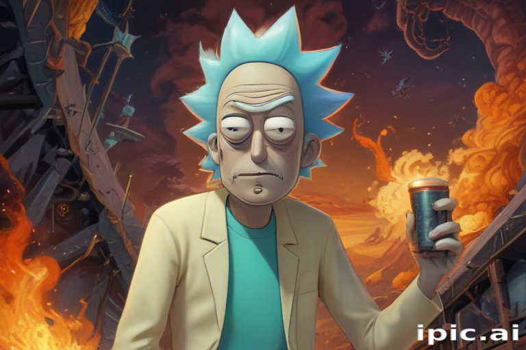 Rick Sanchez from 'Rick and Morty' Holding a Drink Amid Chaos
