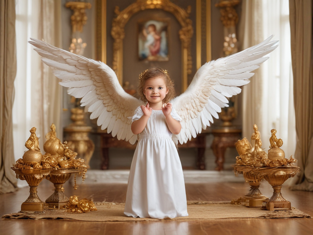 Full body image of a beautiful baby angel of wealth and success caring ...