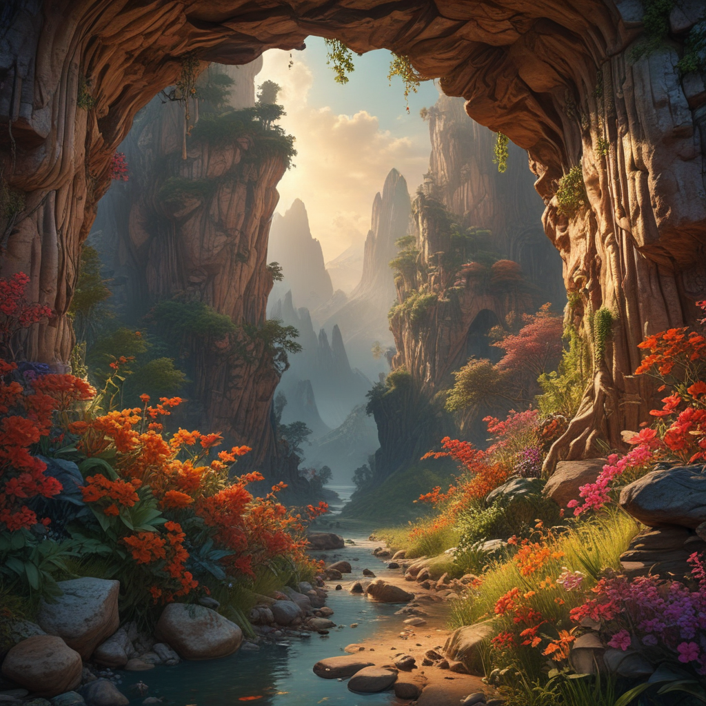 Enchanting Landscape of a Hidden Valley with Vibrant Flowers and ...