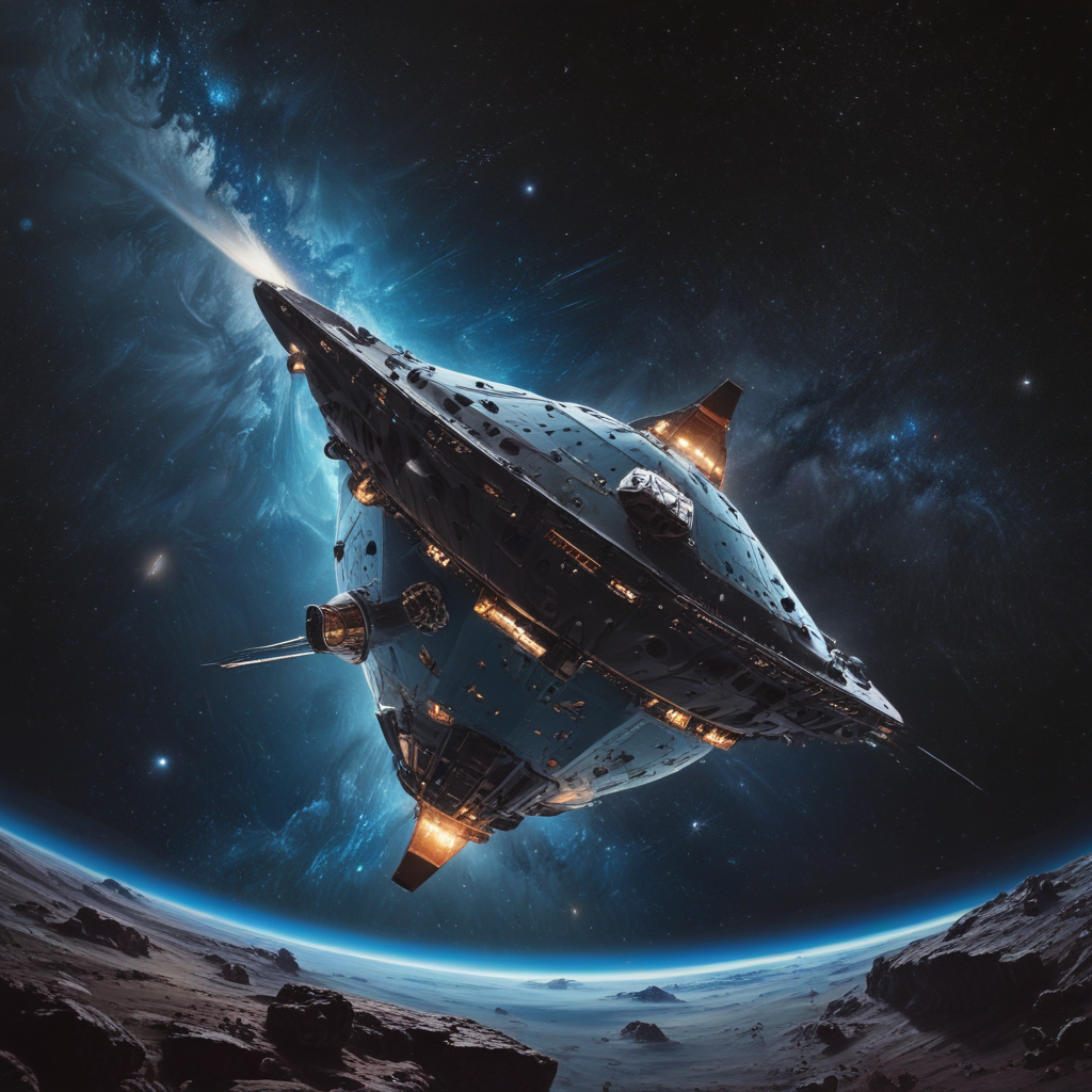 spacelab, space, blue, ship, planet, meteor, stars