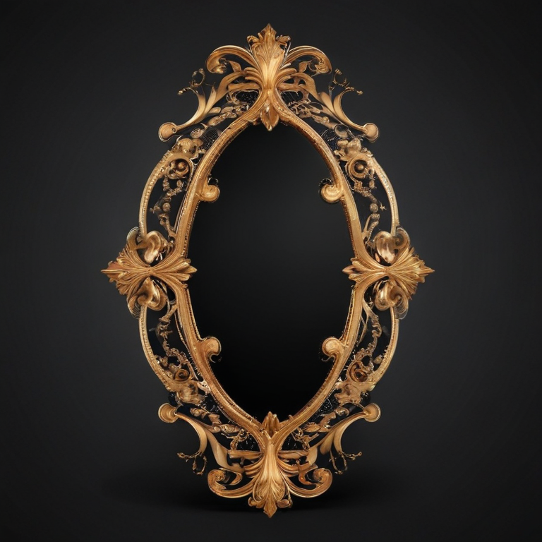 “Elegant Vintage Mirror with Intricate Golden Frame and Dark Background”