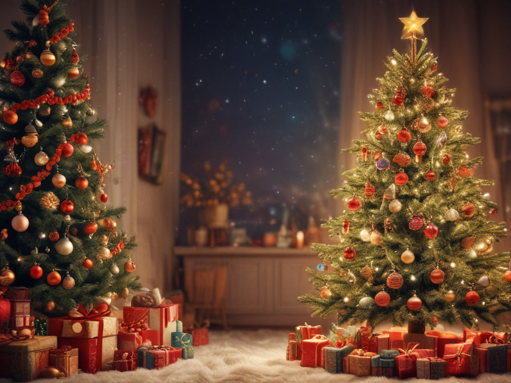 Festive Christmas Celebration with Two Beautifully Decorated Trees and ...