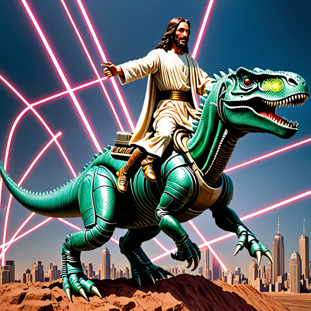 Hyper realistic photo album photo of a crazy evil jesus riding a cyber ...