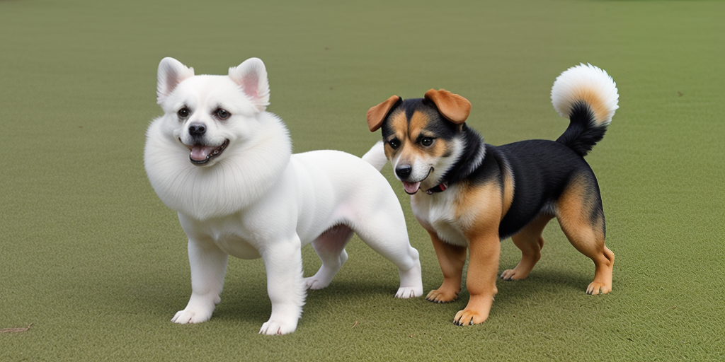 Two Adorable Dogs Posing Together on a Green Outdoor Surface.