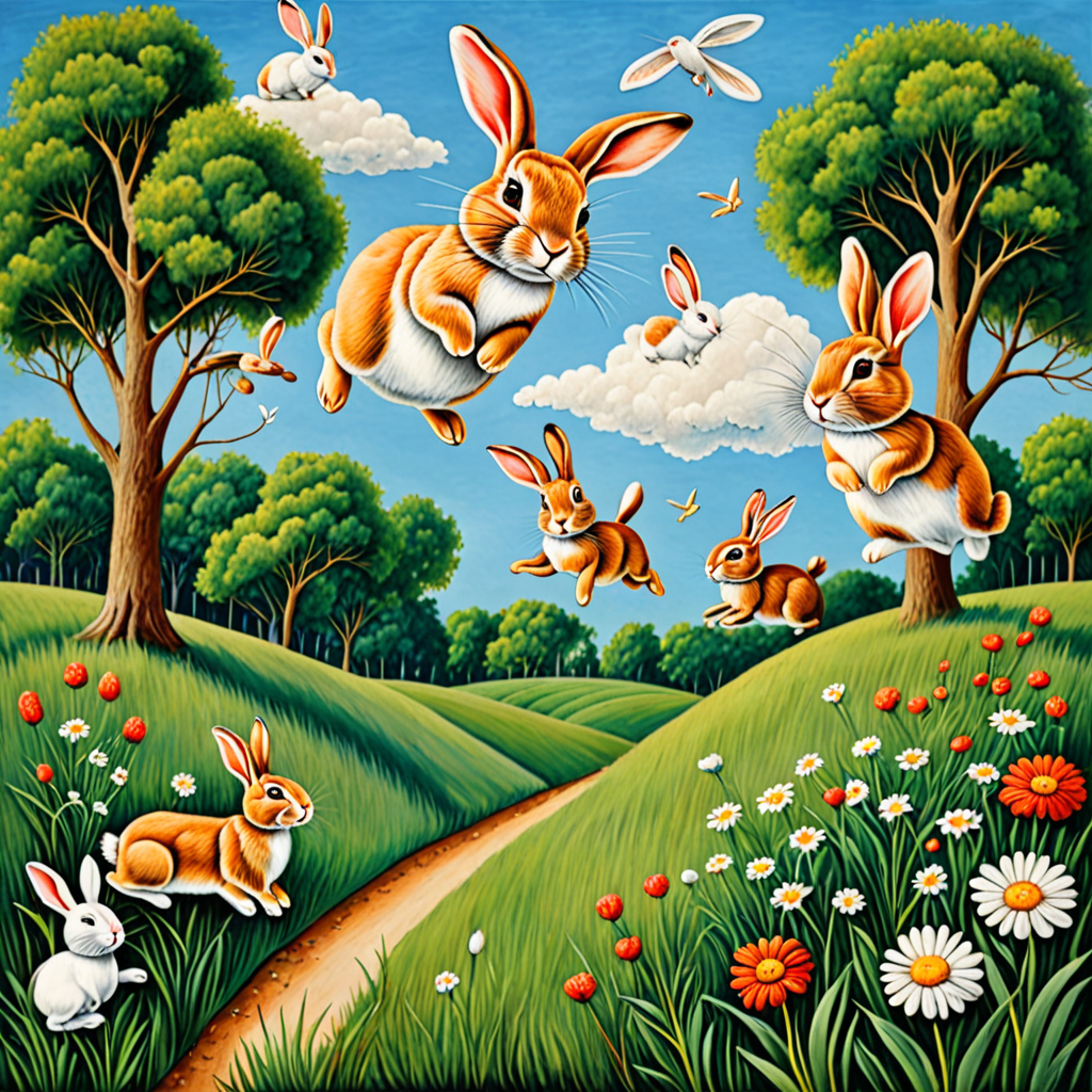 A chalk drawish of a landscape with rabbits and flying toasters
