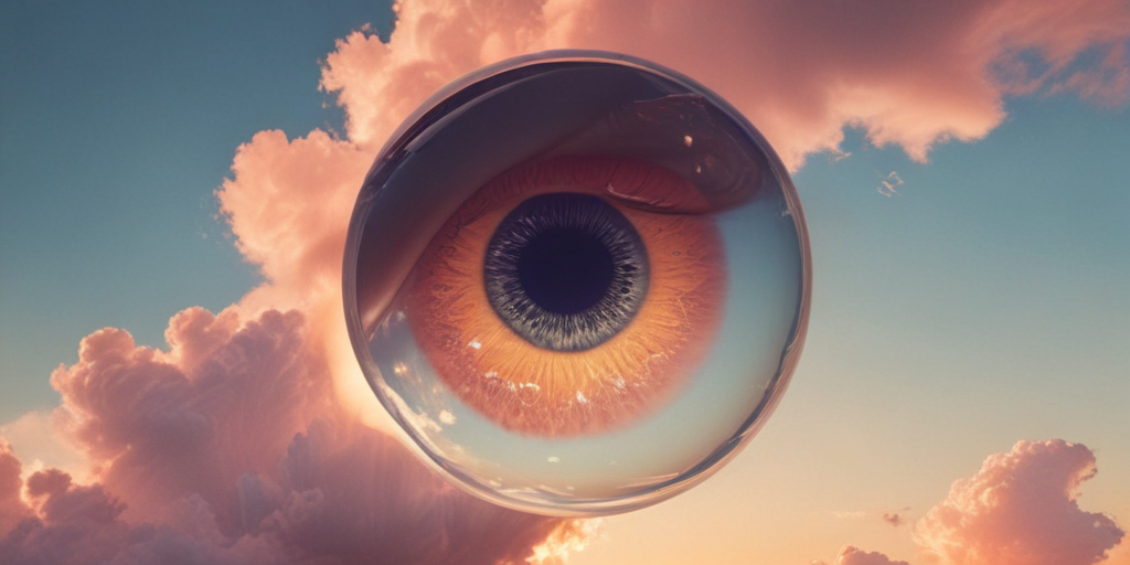A Surreal Eye Reflection Embraced by Dreamy Clouds at Sunset