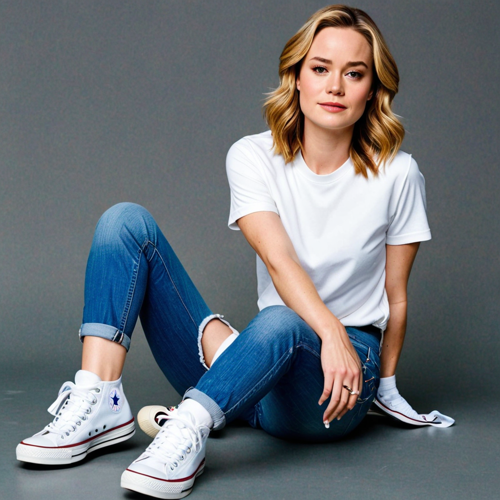 Mcu Brie Larson Carol Danvers Sitting in White Shirt, Blue Jeans, White ...