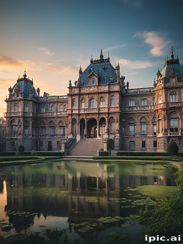 Majestic Castle with Reflective Pond Surrounded by Lush Greenery at Sunset