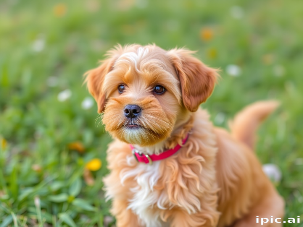 Adorable fluffy puppy with golden fur sitting on green grass.