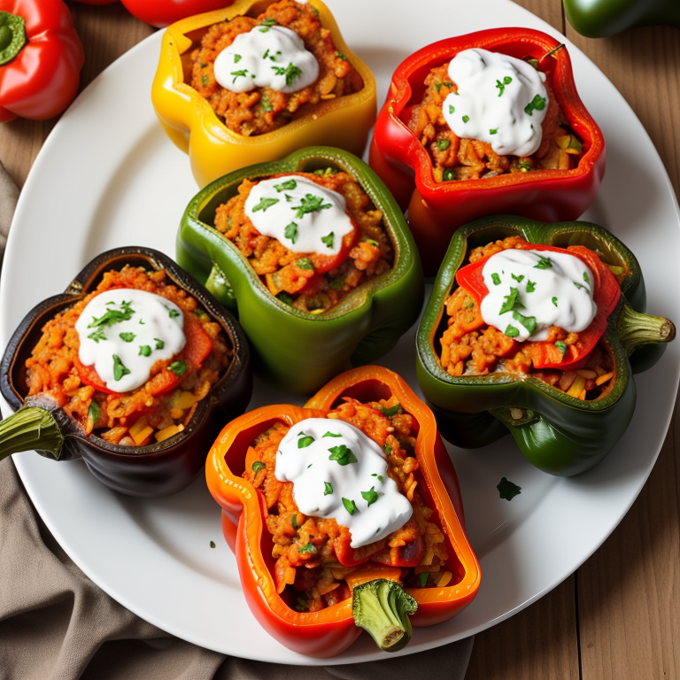 Colorful Stuffed Bell Peppers Topped with Creamy Sauce and Fresh Herbs