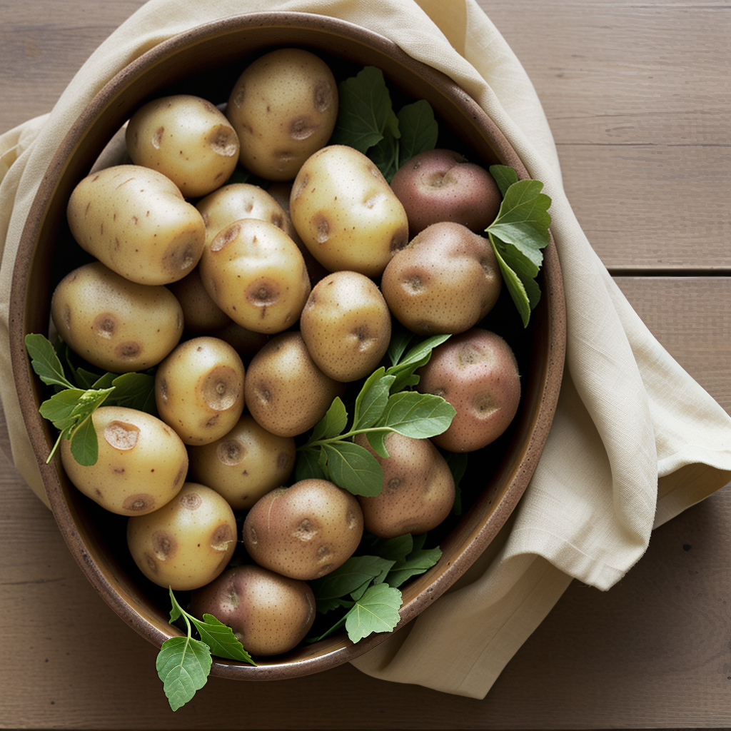 A Rustic Bowl Overflowing with Freshly Harvested Potatoes and Green Leaves