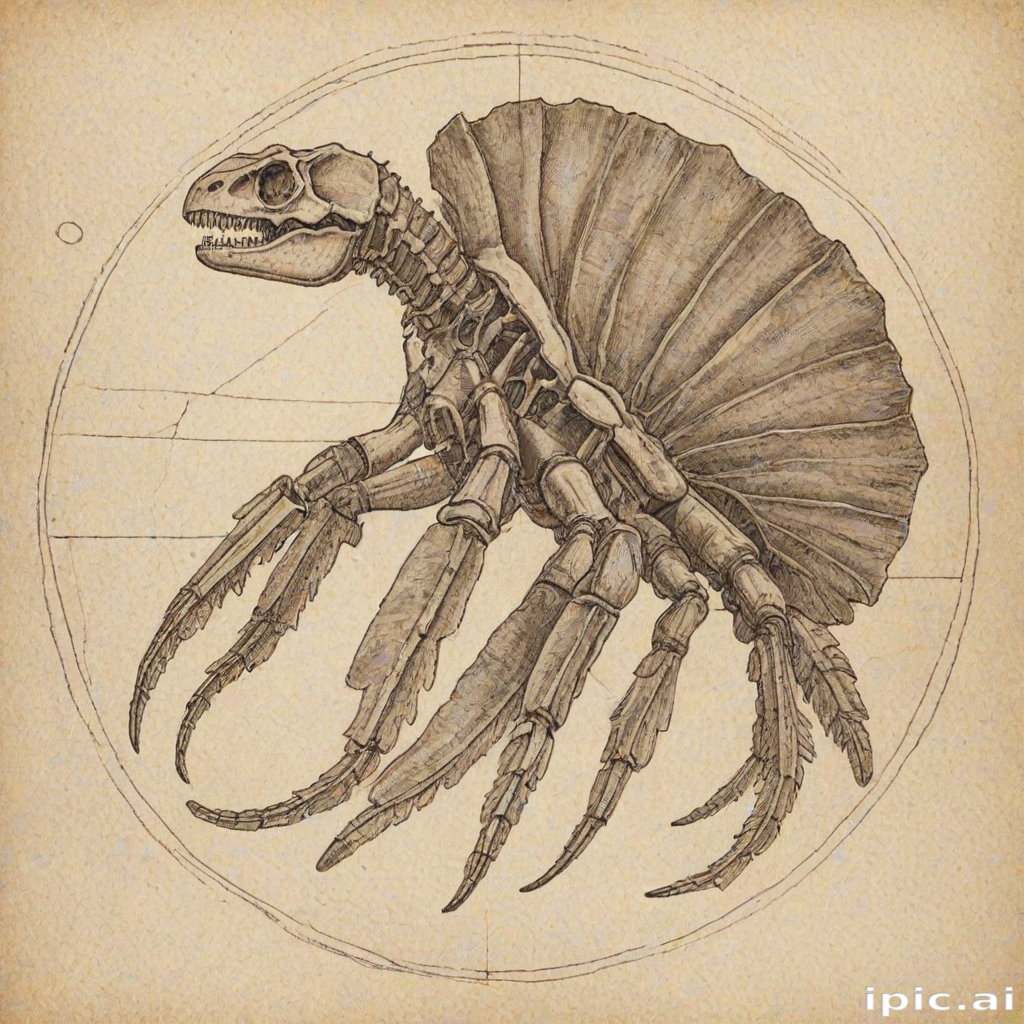 Intricate Illustration of a Fossilized Creature with Unique Shell and Claws