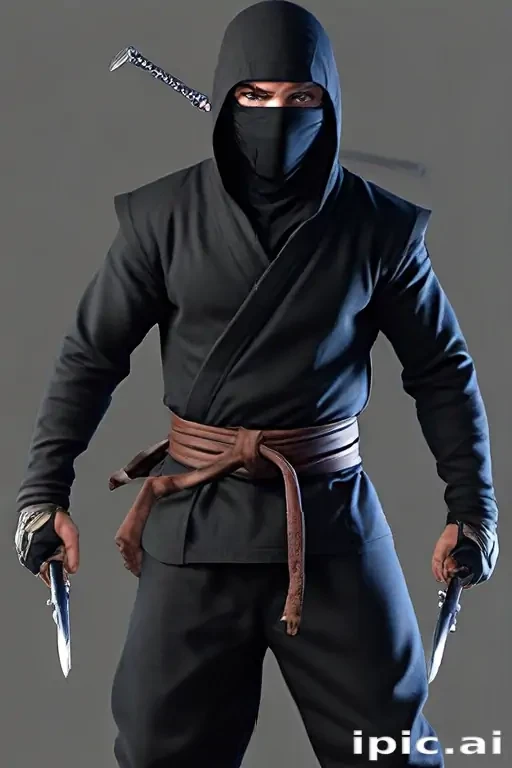 Dynamic Ninja Warrior Posing with Dual Daggers and Stealthy Aura
