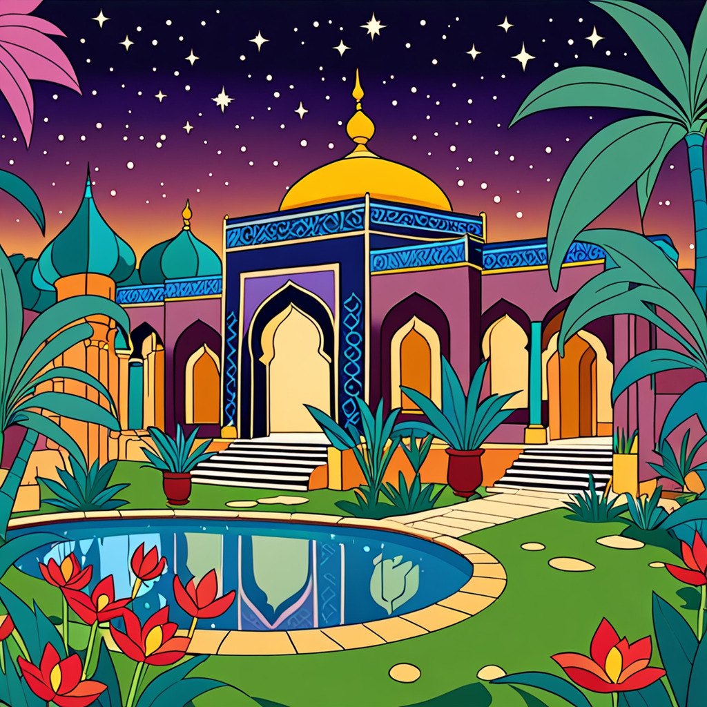 Garden of the Sultan of Agrabah from the cartoon Aladdin. Night. Flat ...