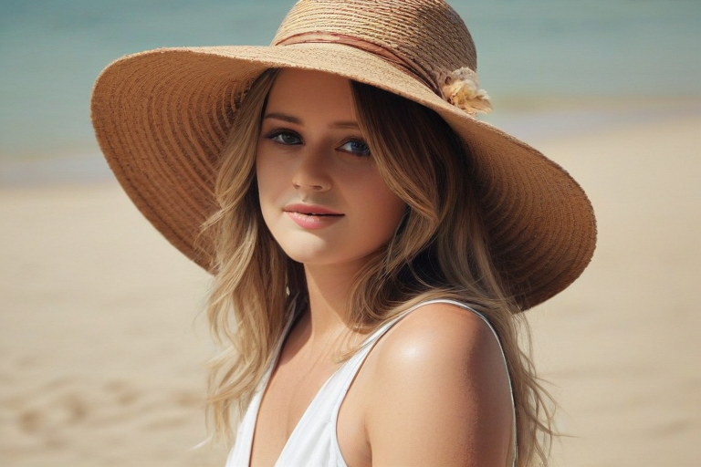 Emily Atack beach hat