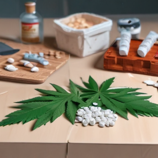 various drugs on a table like bags of marijuana, and bricks of cocaine ...