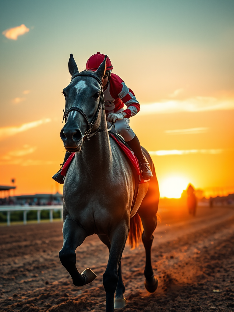 Regenerate a dynamic image of a jockey riding a gray horse on a ...