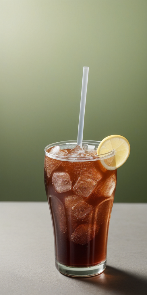 A Refreshing Glass of Iced Tea with Lemon Slice and Straw.