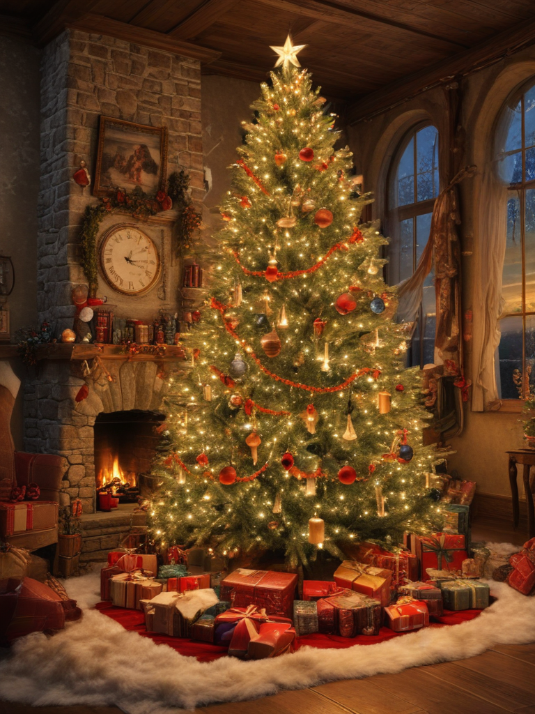 A Cozy Christmas Scene Featuring a Beautifully Decorated Tree and Gifts