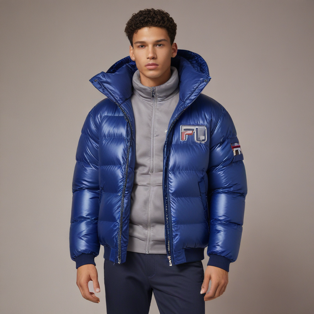 Male supermodel fila shiny puffer jacket bling jewellery hood