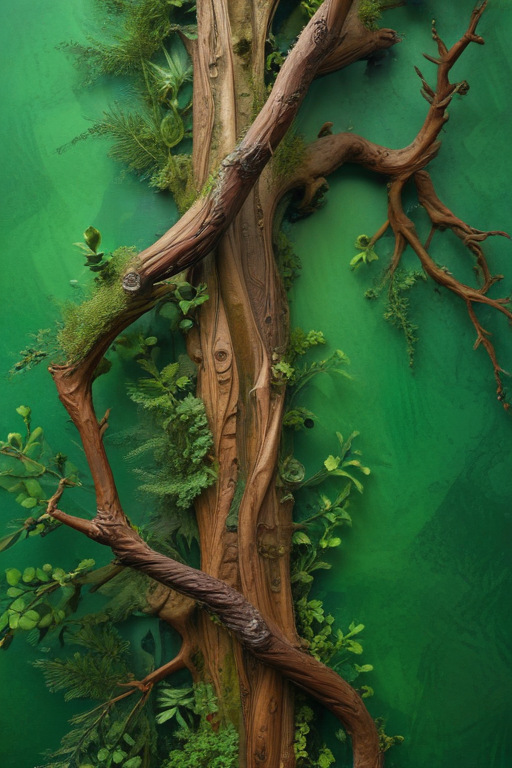 Intricate Wood Textures Intertwined with Lush Greenery and Natural Elements