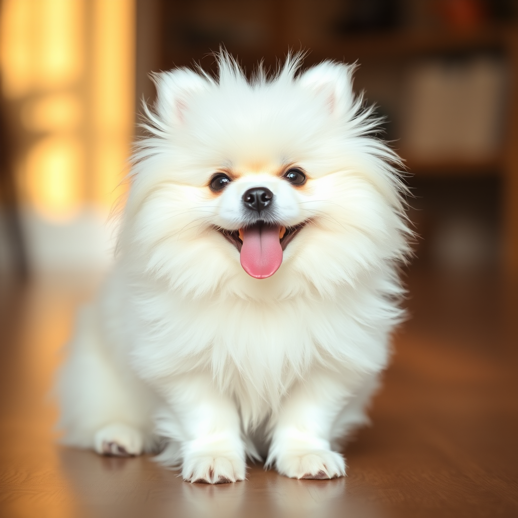 A Happy Fluffy Pomeranian Dog Sitting Cheerfully in a Home Environment.