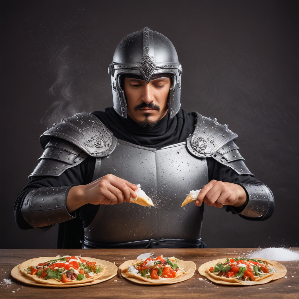 a knight sprinkling salt onto tacos salt bae style