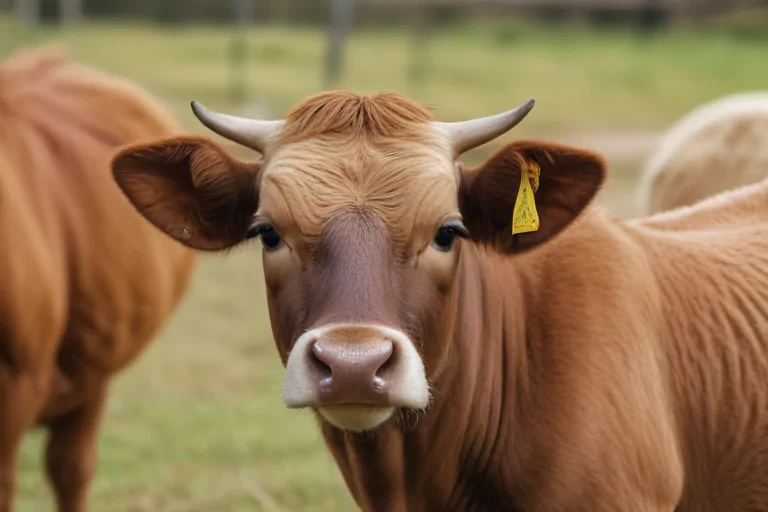 A Curious Brown Cow with Horns Standing in a Green Pasture.