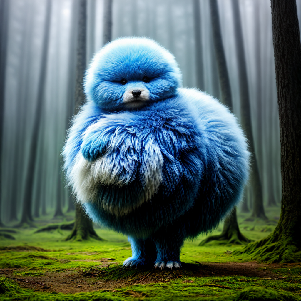 a cute fluffy blue ball animal playing in a misty magical forest
