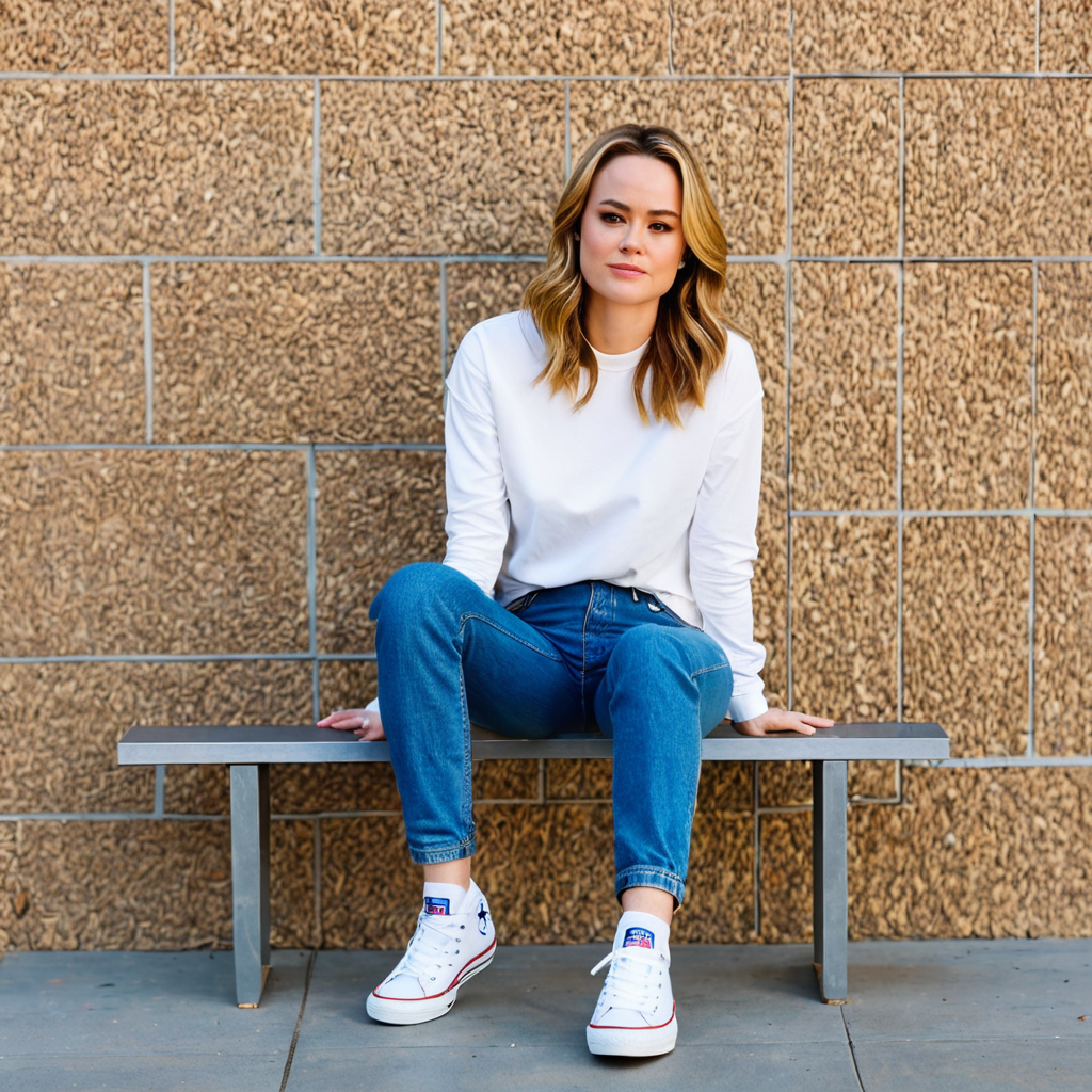 Mcu Brie Larson Carol Danvers Sitting in White Shirt, Blue Jeans, White ...