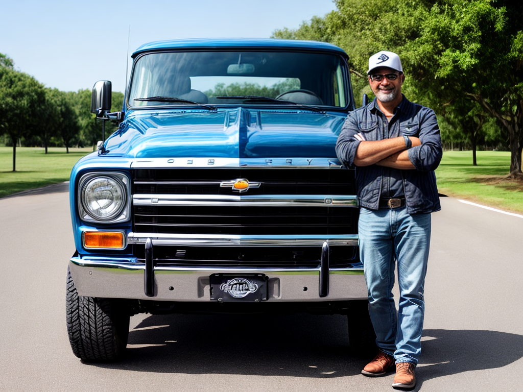 A stylish driver at 40 standing in front of a large parked truck
