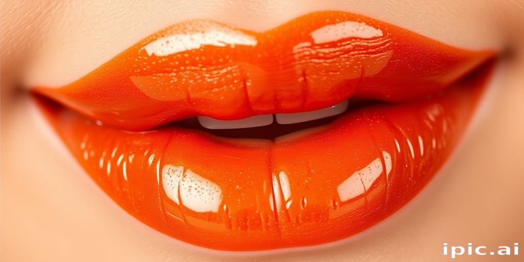 Vibrant Orange Glossy Lips with a Shiny and Hydrated Finish.