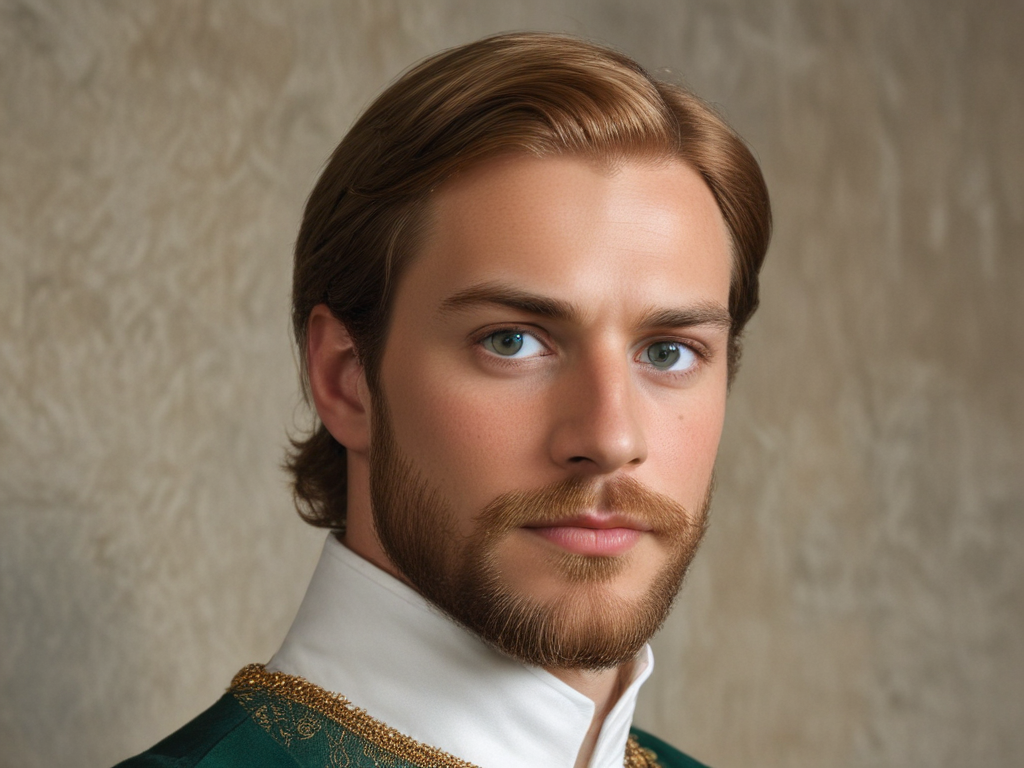 portrait of tudor era duke, blonde hair, green eyes, strong jawline, beard