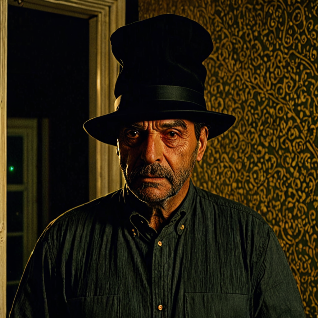 creepy hat man at night inside house