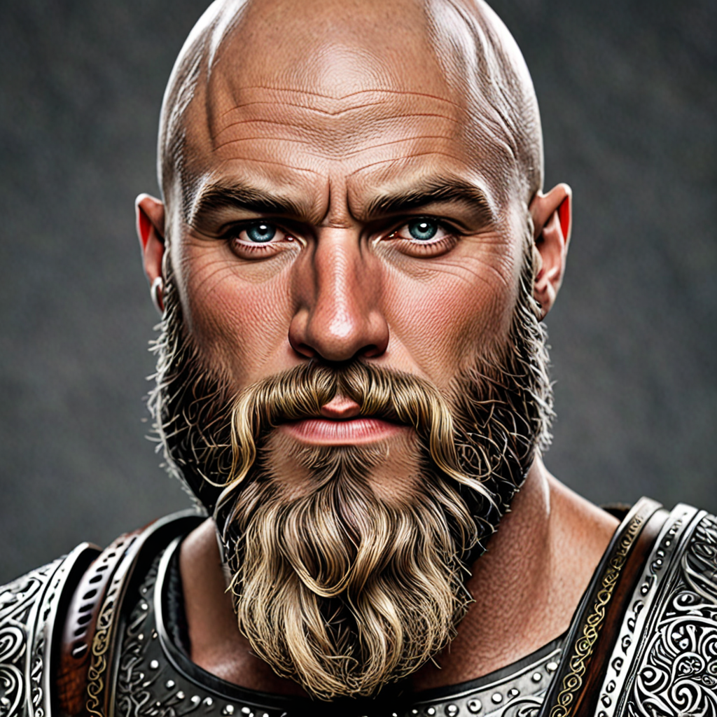 viking warrior bald head long black beard realistic as possible