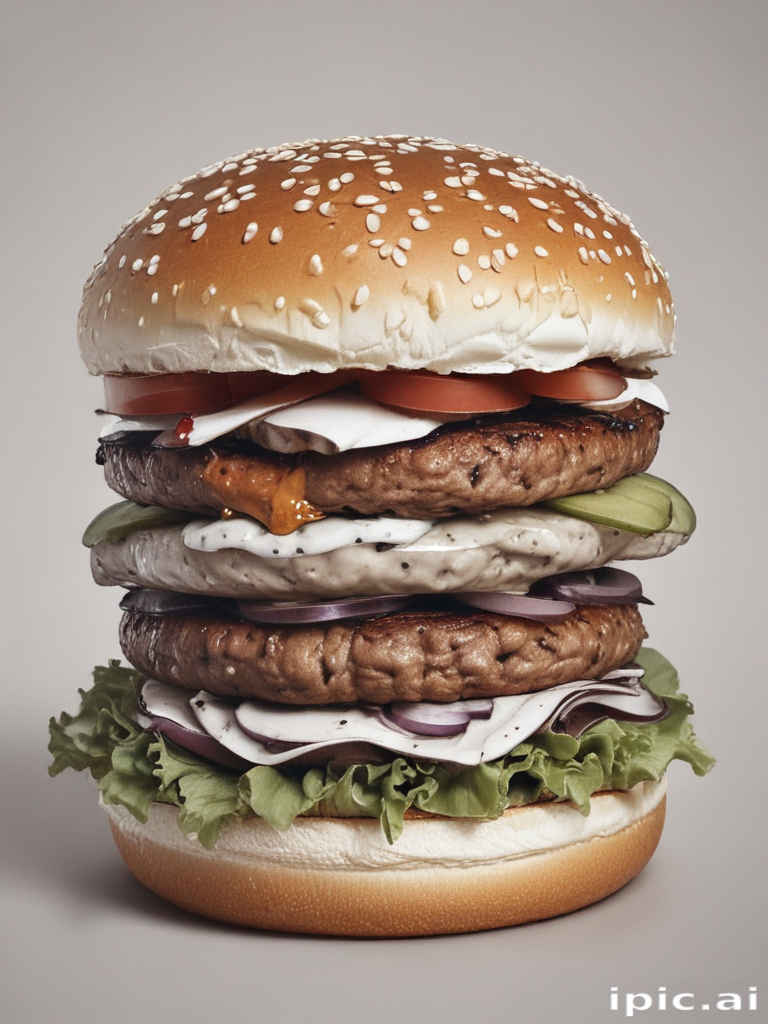 A Towering Delight: A Multi-Layered Hamburger Stacked with Fresh ...