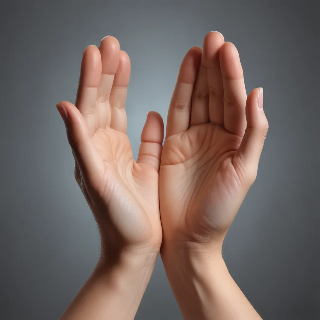 Two Open Hands Reaching Upward Against a Soft Gray Background