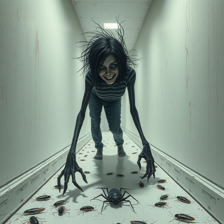 Terrifying Figure Crawling Through a Dark, Infested Hallway of Nightmares