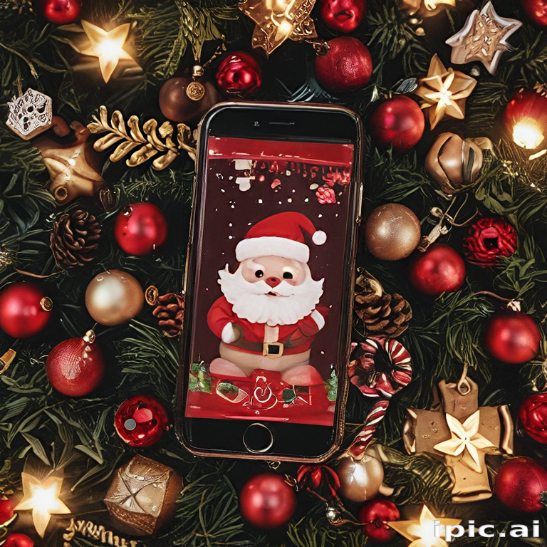 Festive Phone Display Featuring a Cheerful Santa Among Holiday Decorations