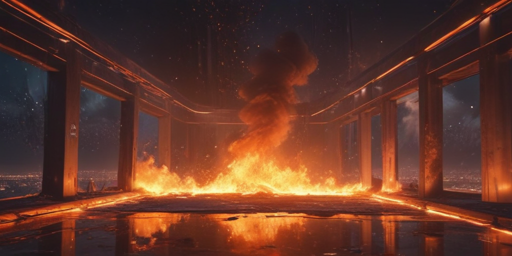 An Abandoned Building Engulfed in Flames Under a Starry Night Sky