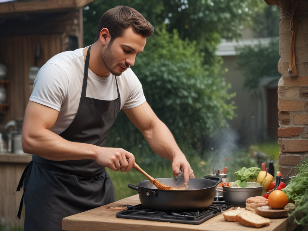 hyper realistic man cooking at outside