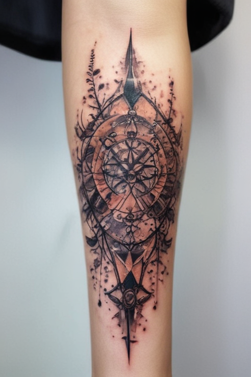 Intricate Compass Tattoo Design with Geometric Patterns and Cosmic Elements
