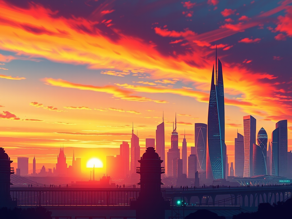 Stunning City Skyline at Sunset with Vibrant Colors and Modern Architecture