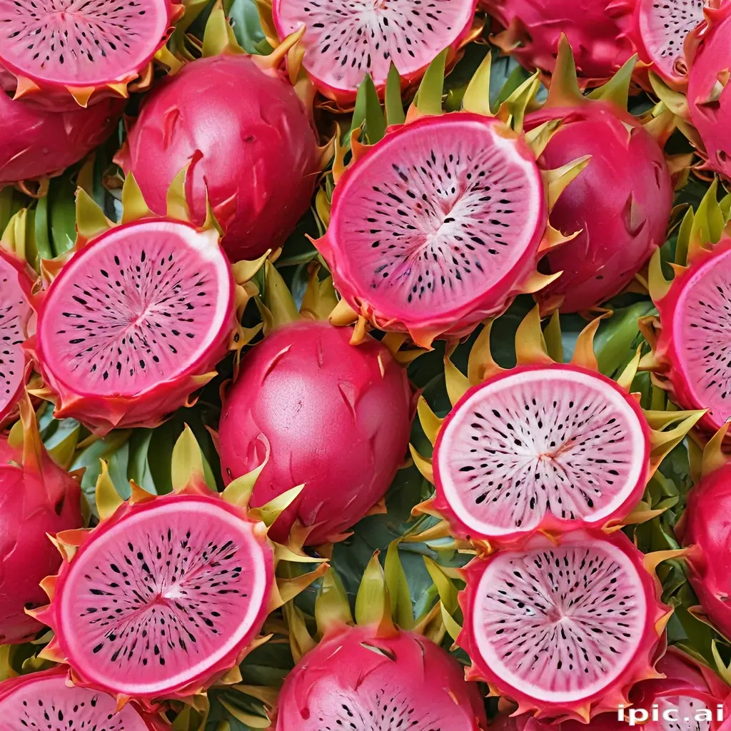 Vibrant Dragon Fruit Halves Displayed Among Whole Fruits on a Green ...